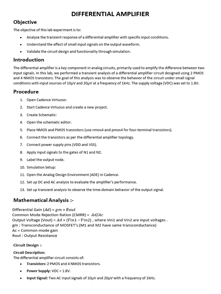 EXPERIMENT Diffamp Final | PDF | Amplifier | Mosfet