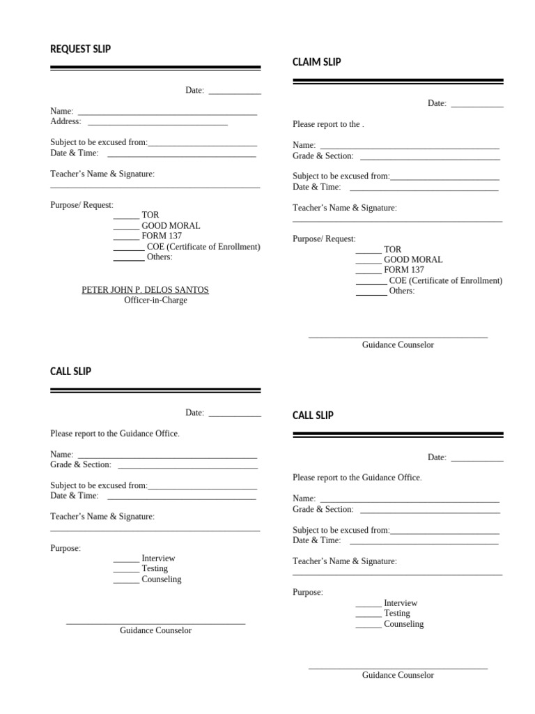 Claim Slip Request | PDF | School Counselor | Students