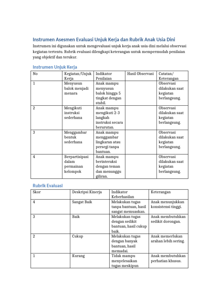 Instrumen Asesmen Unjuk Kerja Dan Rubrik PAUD | PDF
