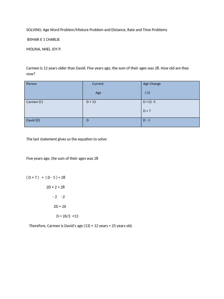 Solving Age Problems, Mixture Problems and Distance, Rate and Time ... Solving Age Problems, Mixture Problems and Distance, Rate and Time ...