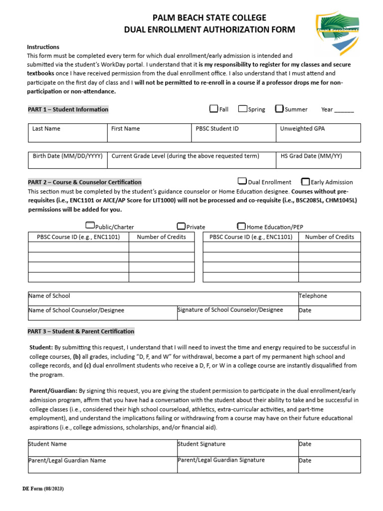 PBSC Dual Enrollment Authorization Form | PDF | Students | Higher Education