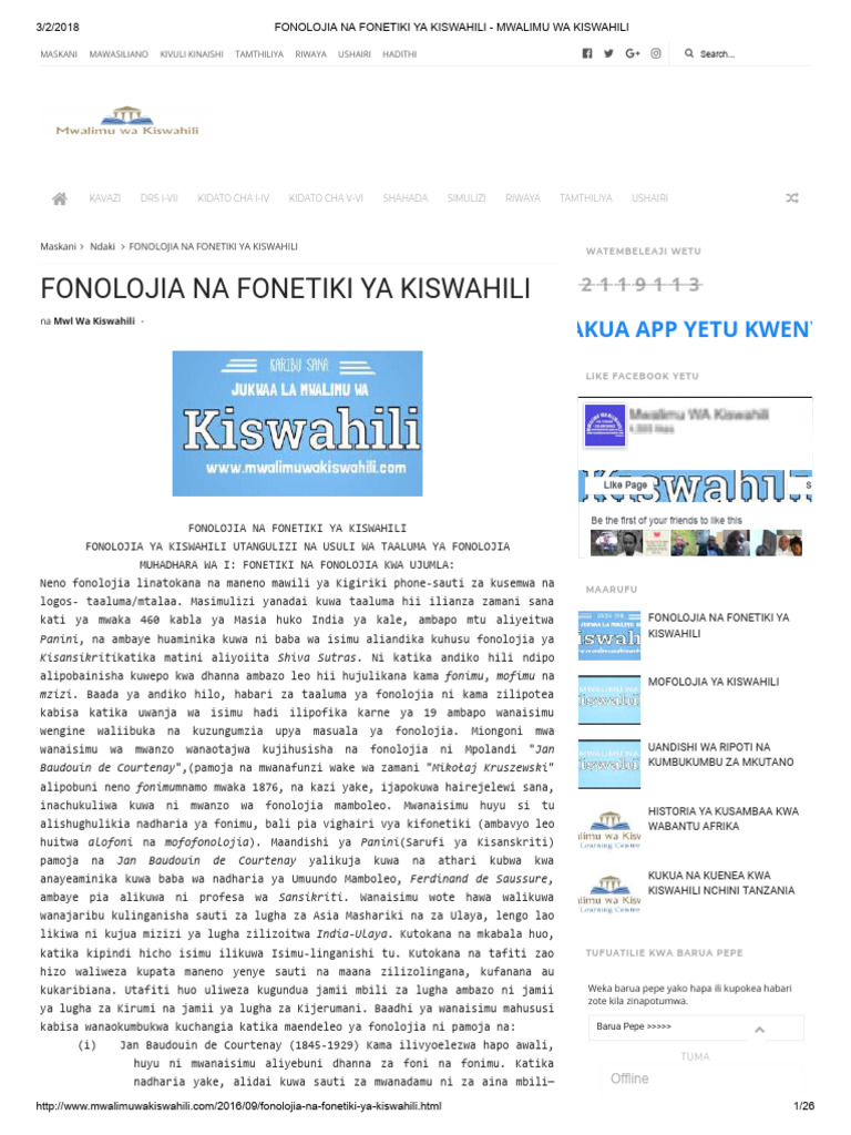 Fonolojia Na Fonetiki Ya Kiswahili Fonol | PDF