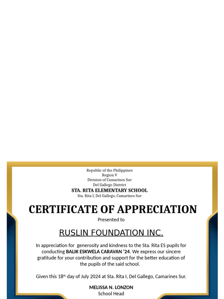 Certificate of Appreciation Ruslin Foundation | PDF