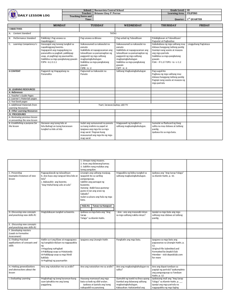 Daily Lesson Plan Week 1 | PDF