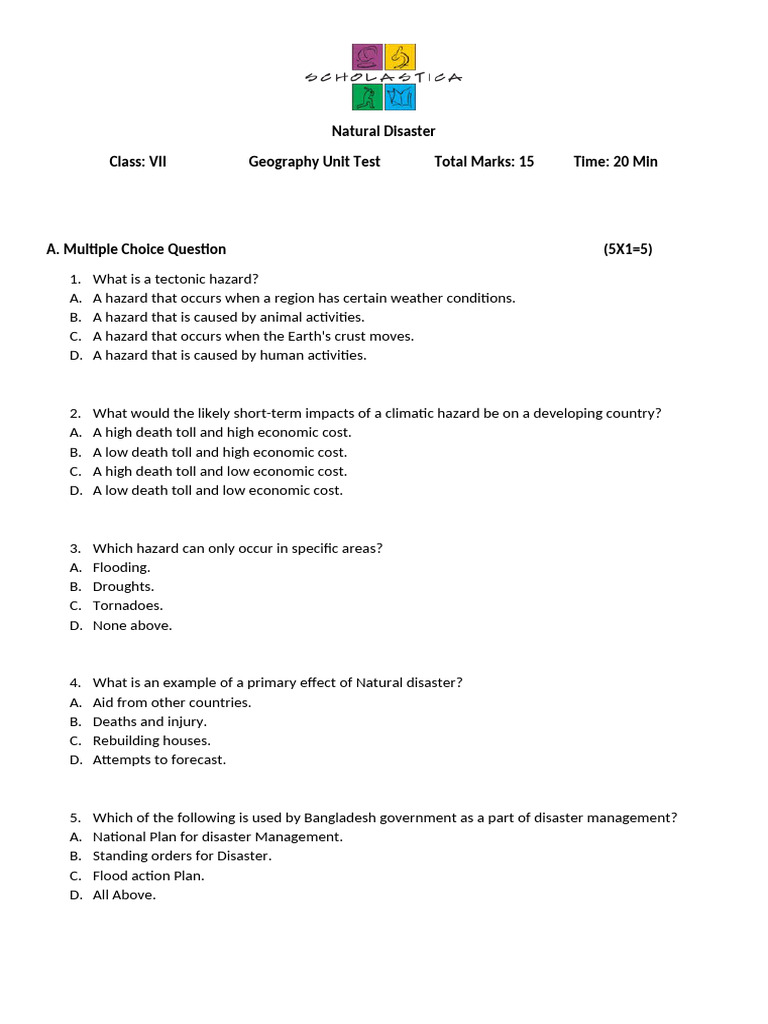 Geography Unit Test - Natural Disaster Day 2 | PDF