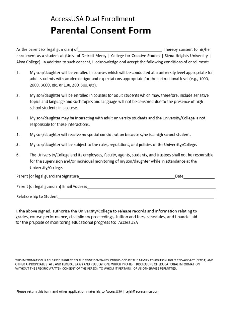 AccessUSA Generic Dual Enrollment Parental Consent Form | PDF