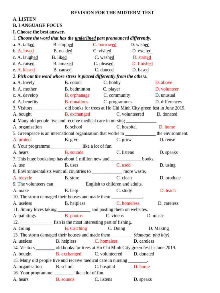 REVISION FOR THE MIDTERM TEST. ôn tập cho hs | PDF | Language Arts ...