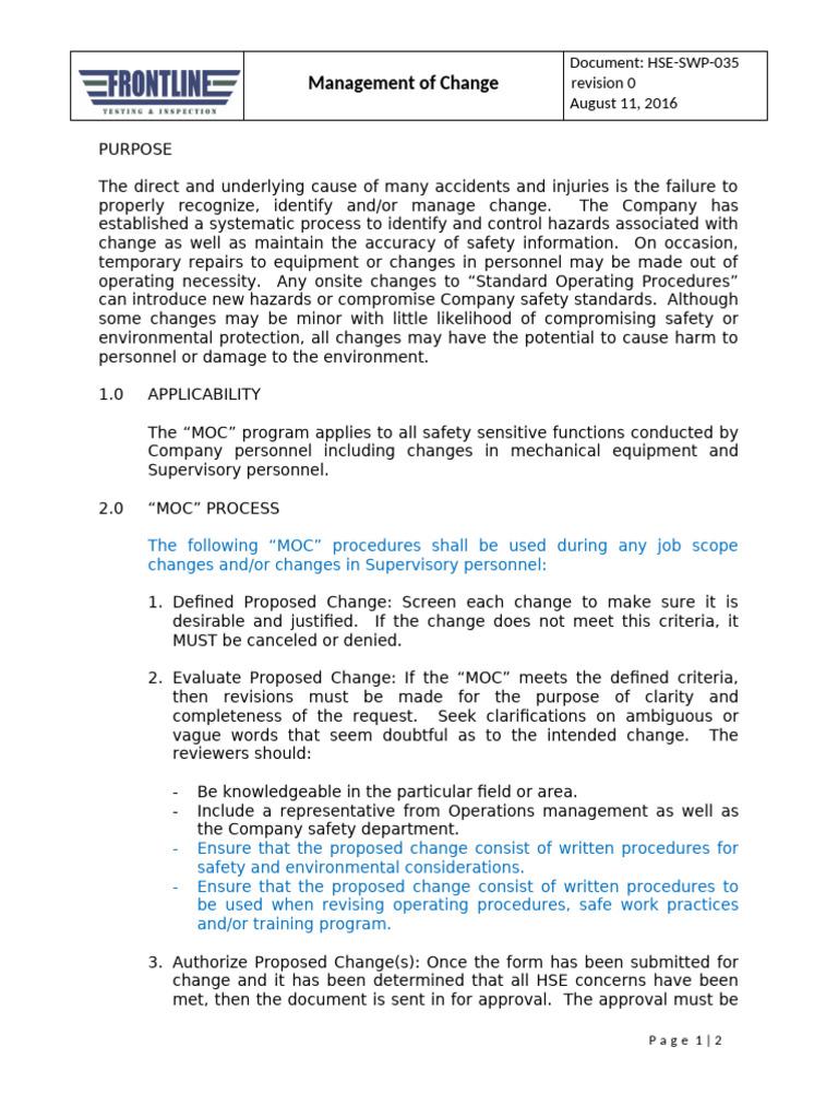 HSE-SWP-035-Management-of-Change | PDF | Safety