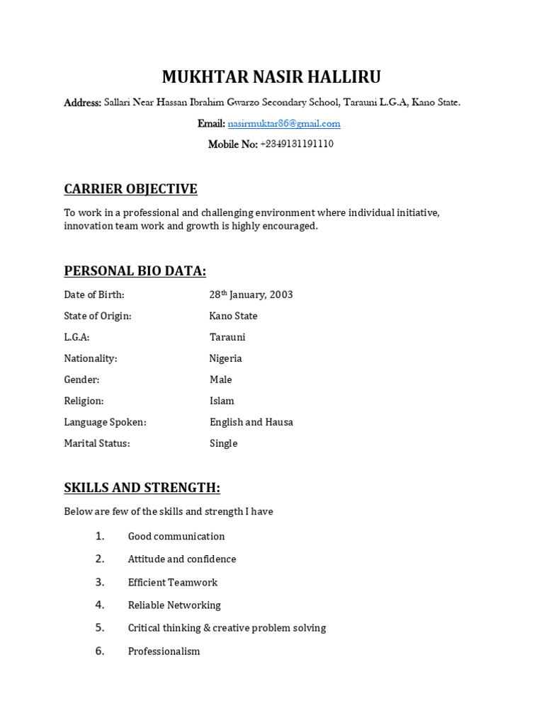 Mukhtar Nasir Halliru CV | PDF | Cognition