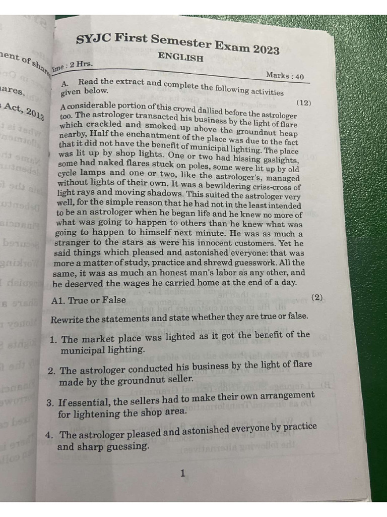 English 1st Semester Paper 2023-24 | PDF