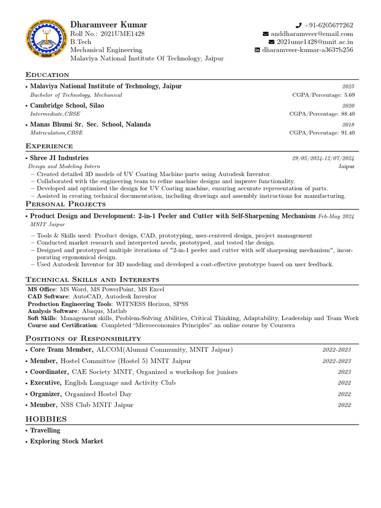 MNIT Jaipur Resume Template | PDF | Engineering | Computing