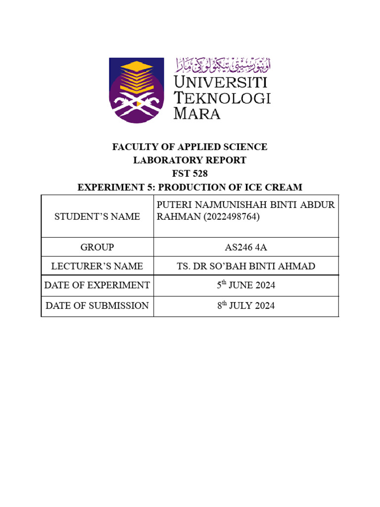 Puteri Najmunishah BT Abdur Rahman - FST528 - Production of Ice Cream ...