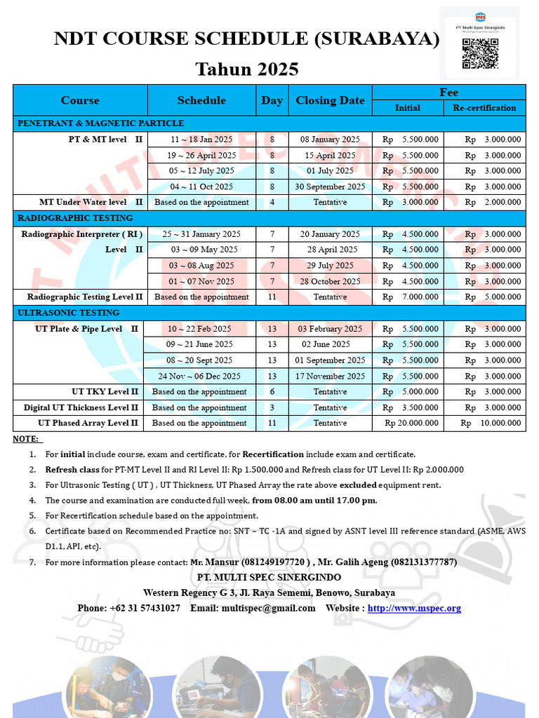YEAR 2025 NDT COURSE SCHEDULE SURABAYA Rev 00 | PDF | Nondestructive ...
