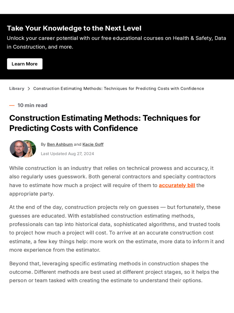 Construction Estimating Methods: Techniques For Predicting Costs With Confidence | PDF ...