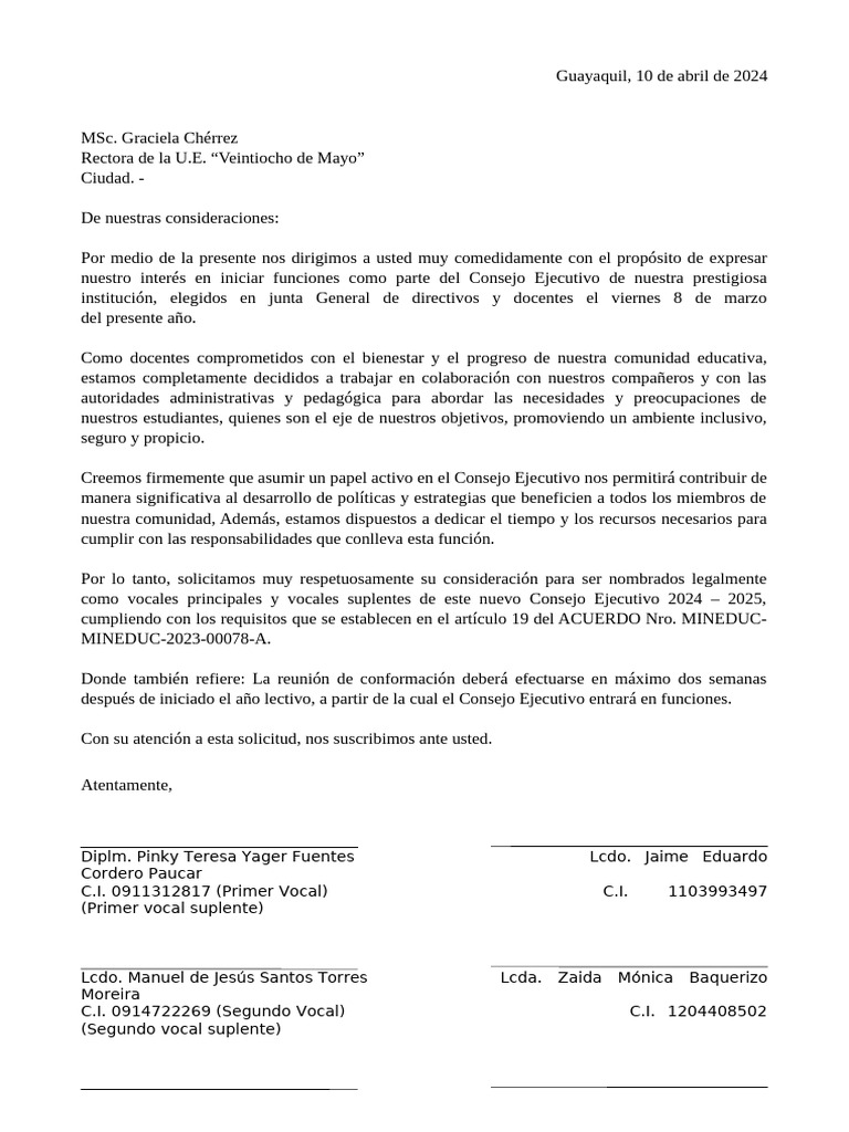 Solicitud Nombramiento Consejo Ejecutivo 2024 | PDF