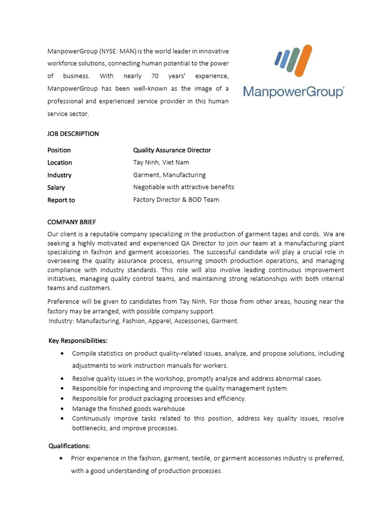 JD - Quality Assurance Director - Tây Ninh | PDF | Business | Economies
