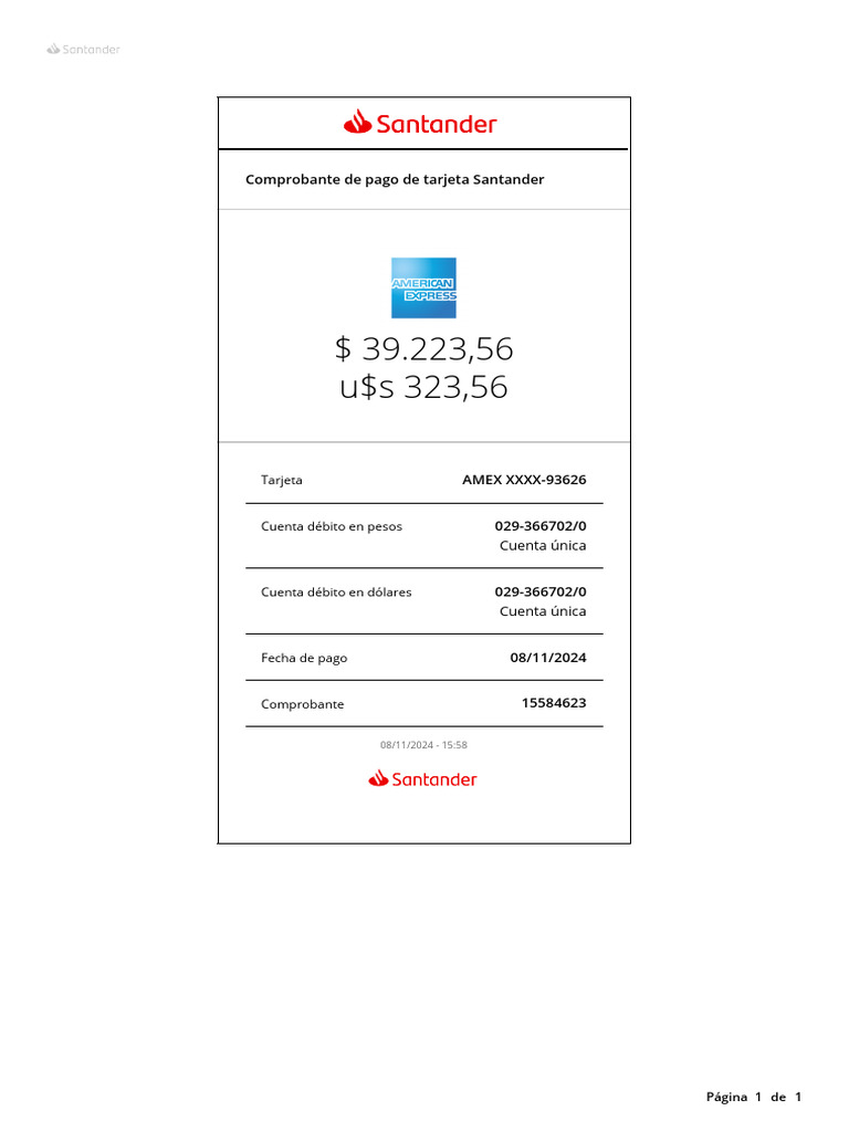 Comprobante de Pago de Tarjeta Santander | PDF