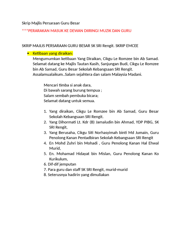Skrip Majlis Persaraan Guru Besar | PDF