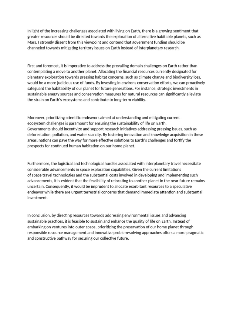 IELTS Essay DIFFICULT TO LIVE ON EARTH | PDF | Sustainability ...