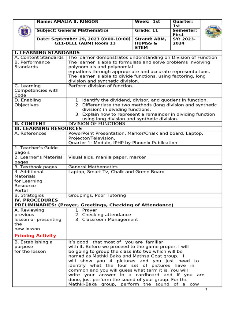 Lesson Plan Division of Functions | PDF | Division (Mathematics) | Learning