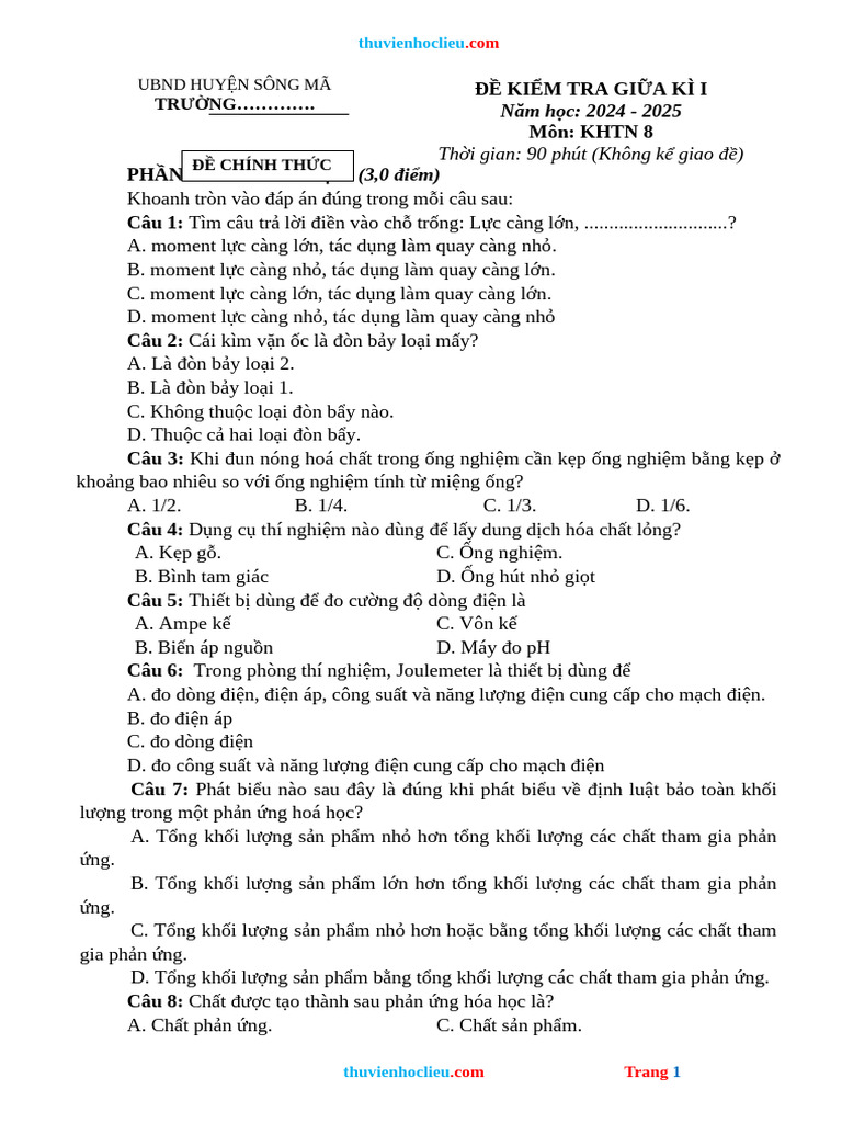 De Kiem Tra Giua HK1 KHNT8 KNTT 24 25 | PDF