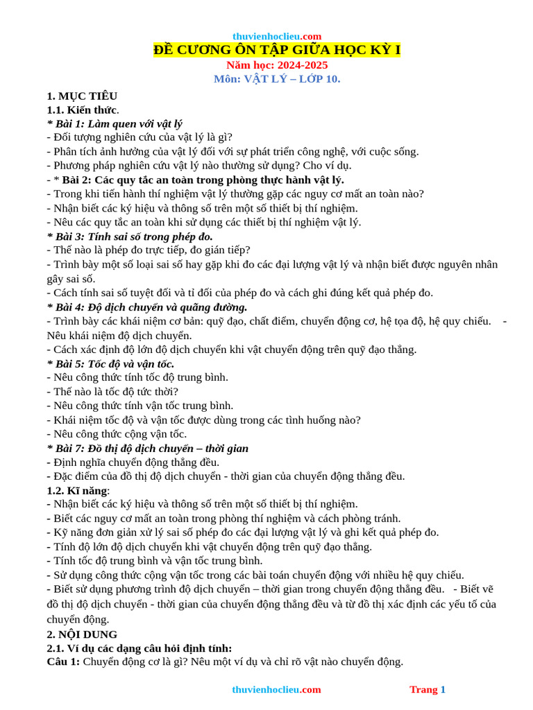 De Cuong On Tap Giua HK1 Vat Li 10 KNTT Nam Hoc 24 25 | PDF