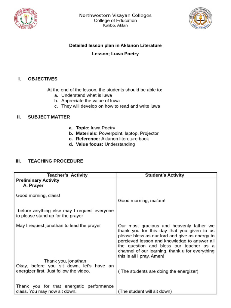 Luwa Poetry Lesson Plan in Aklanon | PDF | Poetry | Lesson Plan