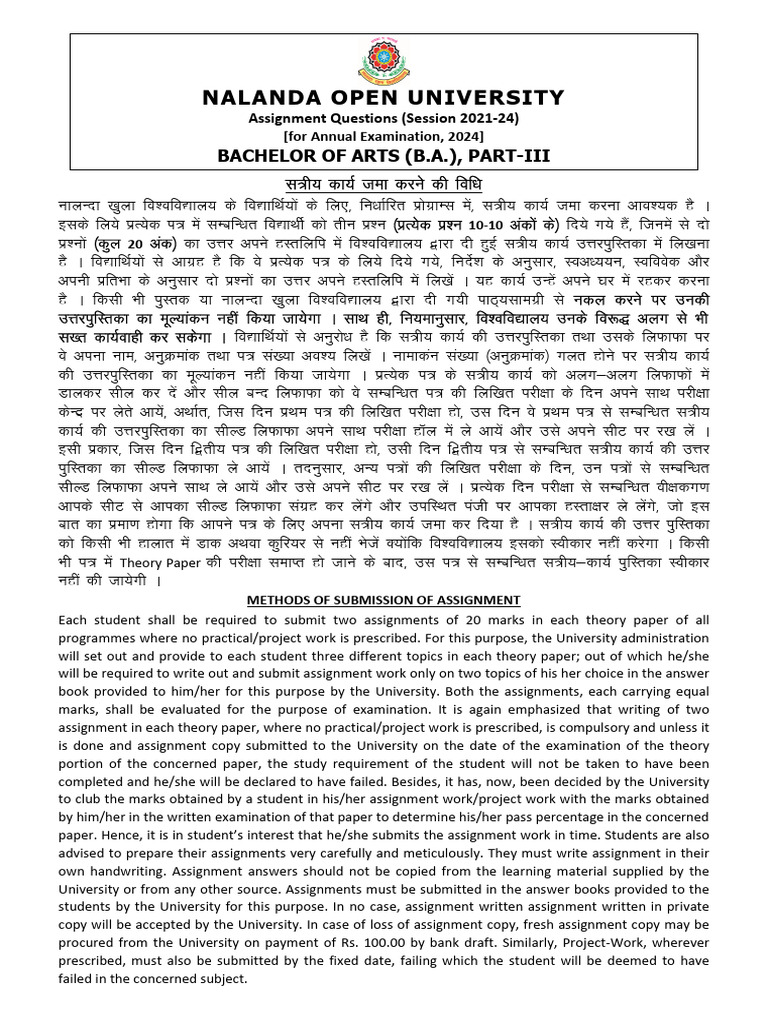 BA Part-III Assignment Question For Examination-2024 | PDF