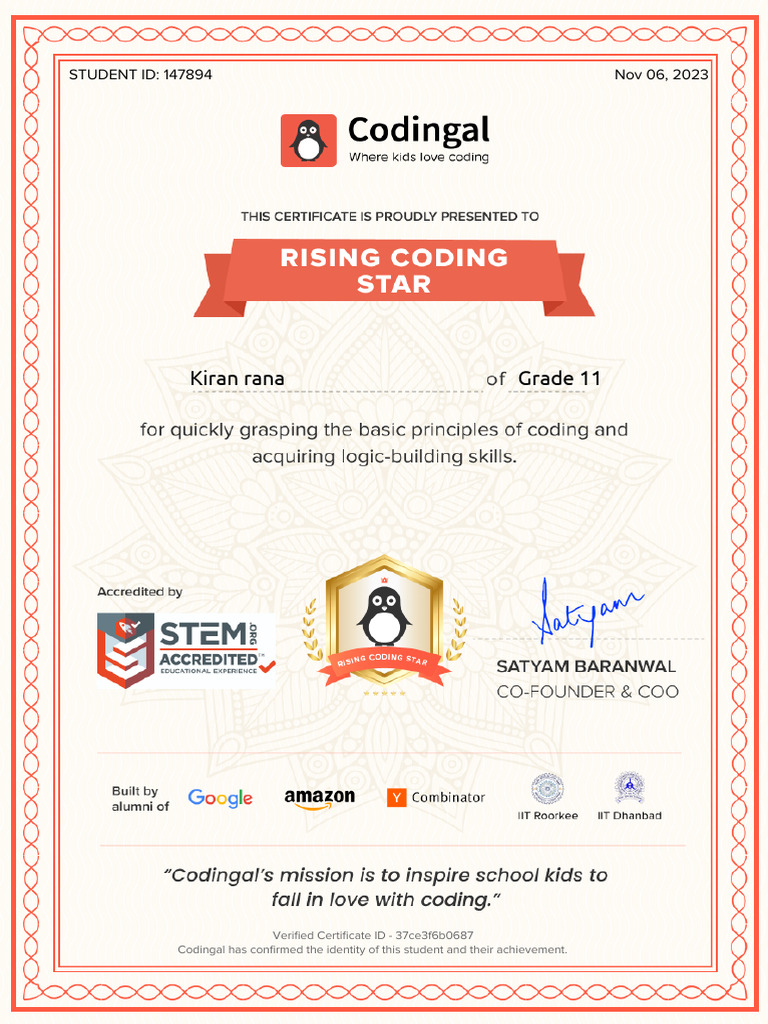 Rising Coding Star Certificate | PDF
