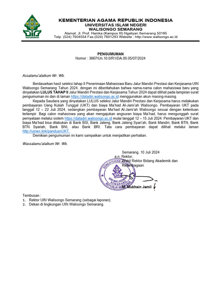 Lulus Jalur Prestasi UIN Walisongo 2024 | PDF