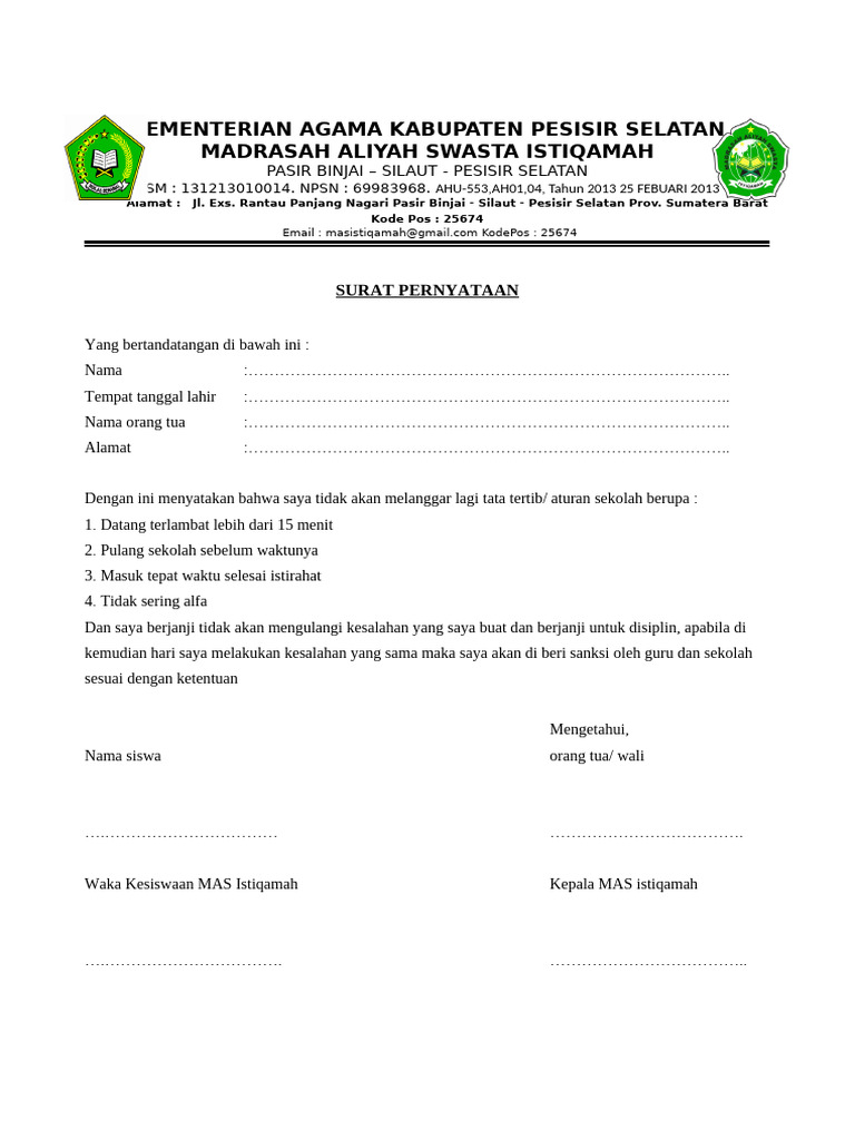 Surat Pernyataan Siswa | PDF