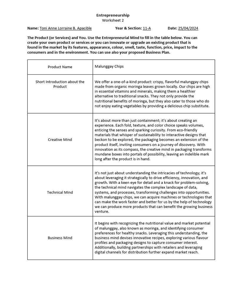 Worksheet 2 - PRODUCT DEVELOPMENT | PDF | Entrepreneurship