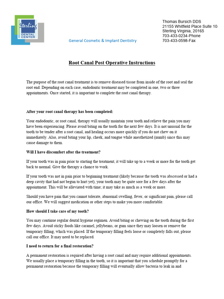 Root Canal Post-Op Care Instructions | PDF | Dentistry | Medical ...
