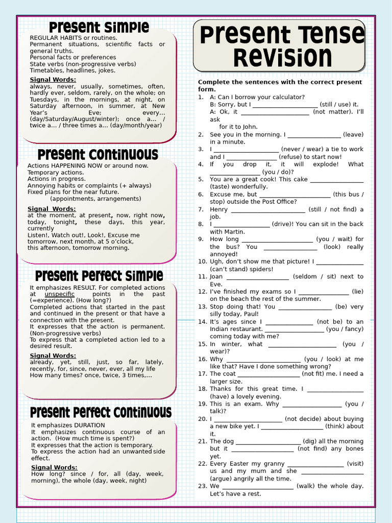 Present Tense Sentence Completion Exercise | PDF | Language Mechanics ...