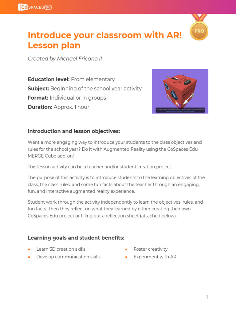 Class Introductions AR Lesson Plan | PDF | Lesson Plan | Augmented Reality