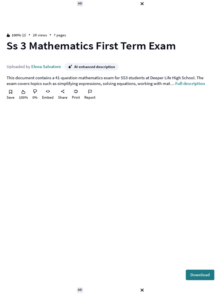 Ss 3 Mathematics First Term Exam Elena Salvatore Pdf Scribd