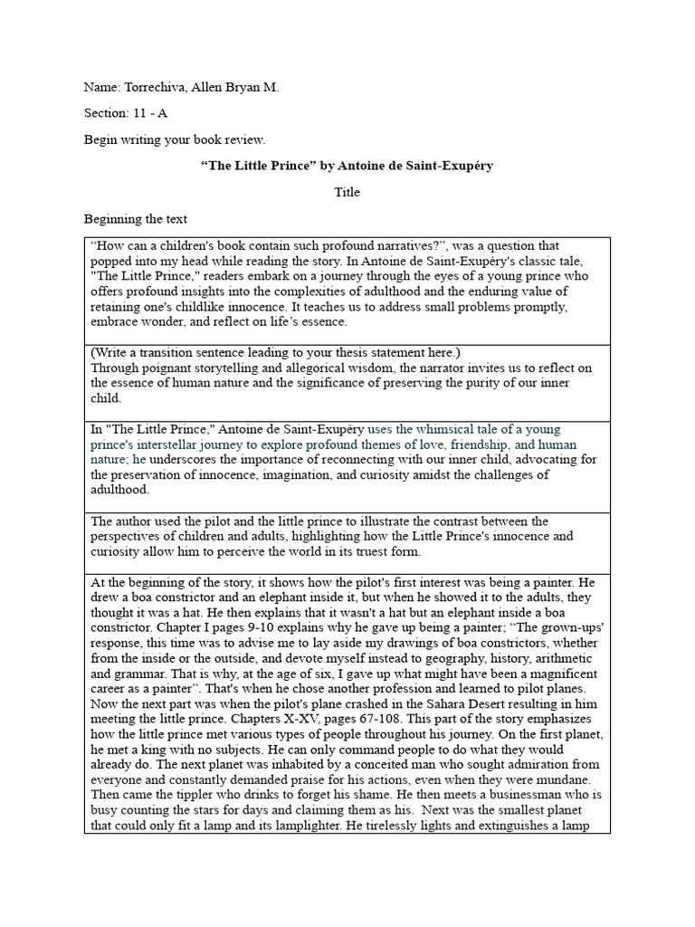 Book - Review - Draft - Template 1 | PDF | The Little Prince