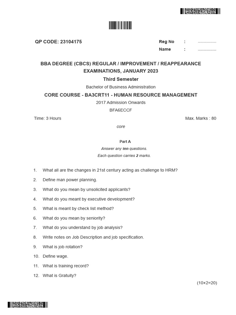 BBA HRM Exam Questions January 2023 | PDF | Human Resource Management ...