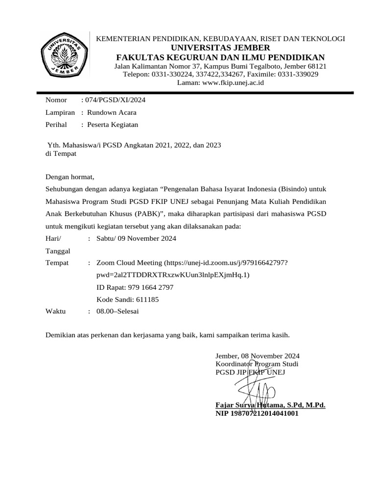 Surat Kegiatan Untuk Mahasiswa PABK | PDF