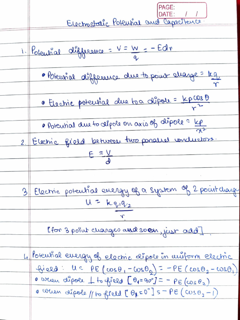 Electrostatic Potential and Capacitence Formulas | PDF