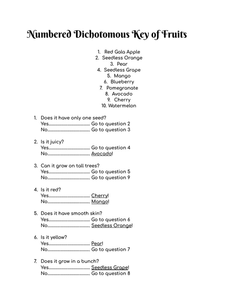Numbered Dichotomous Key of Fruits | PDF