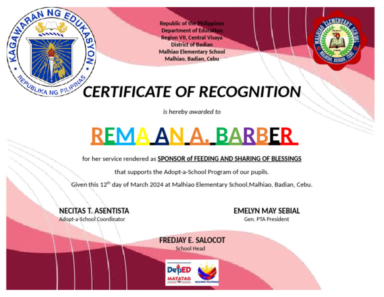 Certificate of Recognition for Sponsorship | PDF
