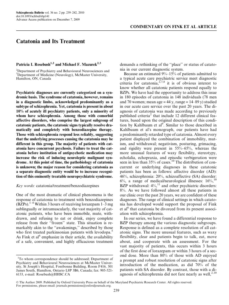 Catatonia and Its Treatment (Schizophrenia Bulletin 2010 Rosebush) | PDF | Mental Health | Medicine
