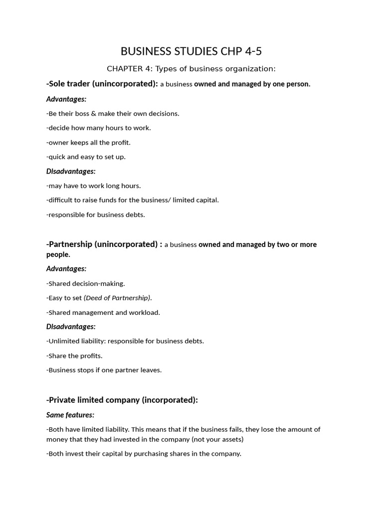 BUSINESS STUDIES CHP 4-5 gr9 IGCSE NOTES | PDF | Franchising | Partnership