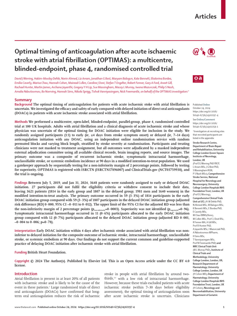 Werring AVC Et FA Et Début Des AOD Lancet 2024 | PDF | Stroke | Ischemia