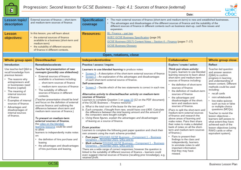 BL Lesson Plan Gcse Business Topic 4 Finance 4 1 Sources of Finance ...