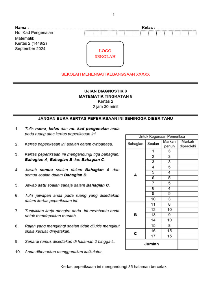 Matematik t5 Ud3 2024 - Kertas 2 | PDF