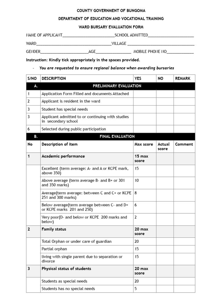 Ward Bursary Evaluation Form | PDF