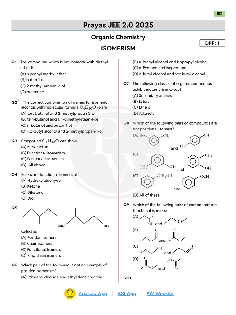 JEE 2025 Isomerism Practice Questions | PDF | Isomer | Carbon Compounds