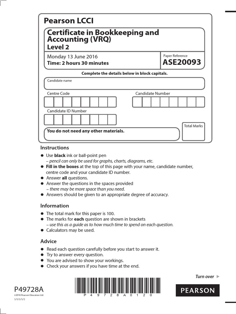 LCCI Certificate in Bookkeeping L2 ASE20093 June 2016 | PDF | Revenue | Credit Card